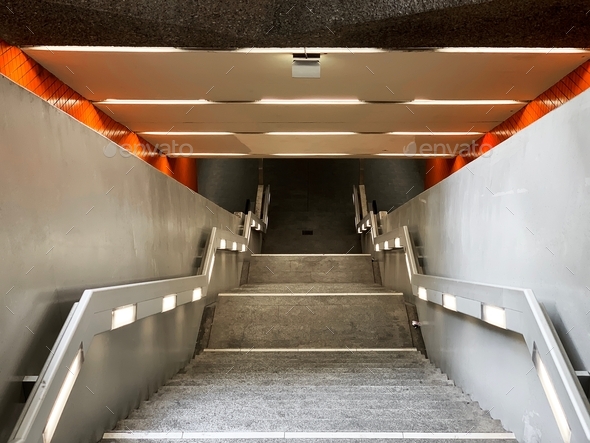 Architectural design of entrance by stairs underground Stock Photo by ...