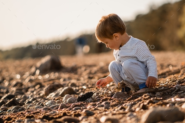 cute little boy sitting on the bach looking at rocks Stock Photo by uraneva