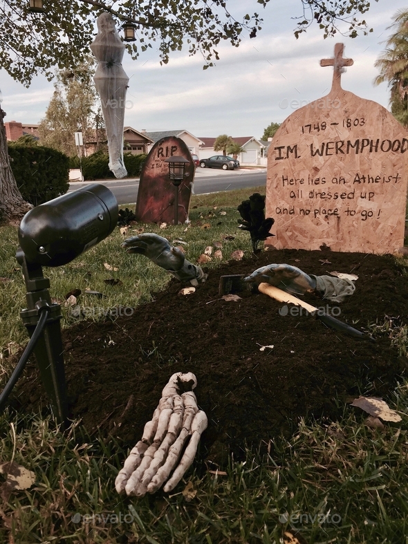 Halloween graveyard display in the front yard. Stock Photo by ...