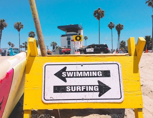 Directional sign at the beach designating where you can swim and where ...