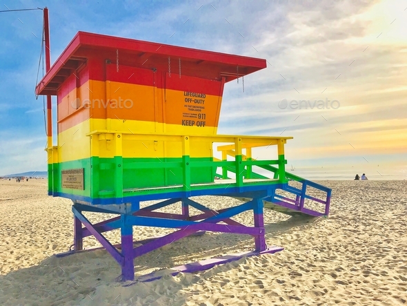 LGBT pride lifeguard tower in Santa Monica, California Stock Photo by ...