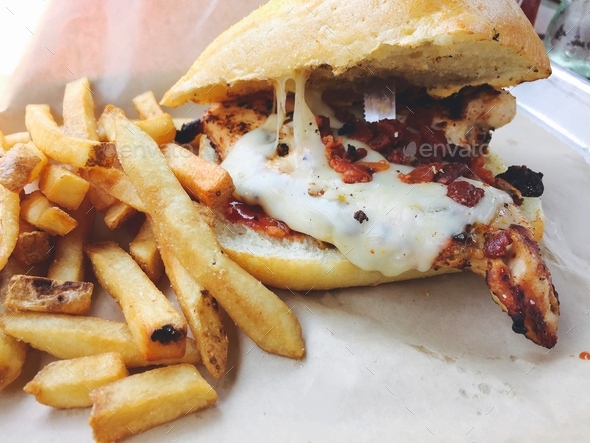 Barbequed chicken sami with bacon and swiss cheese Stock Photo by ...