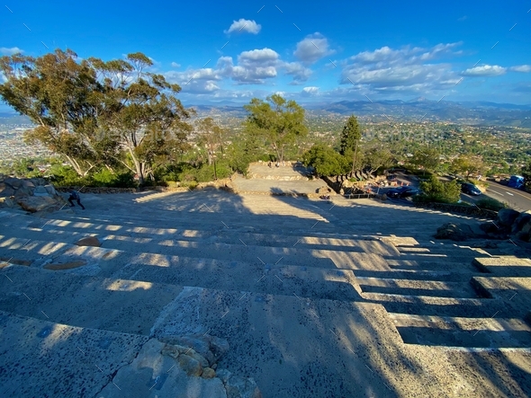 The famous, historic, Mt. Helix amphitheater with overhead views of San ...
