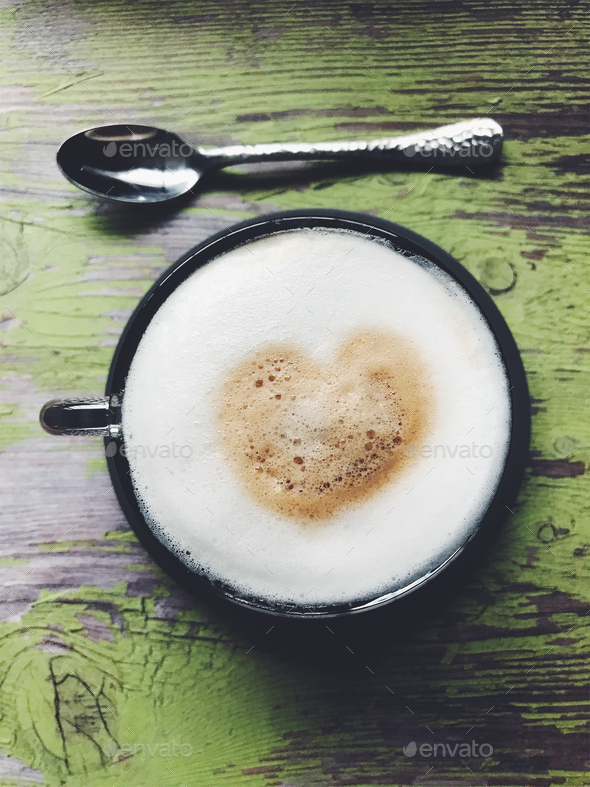 Overhead flat lay coffee, latte art at the cafe coffee shop Stock Photo ...