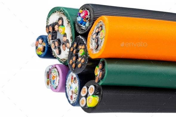 Macro photo of the cross section of various electric cables, isolated ...