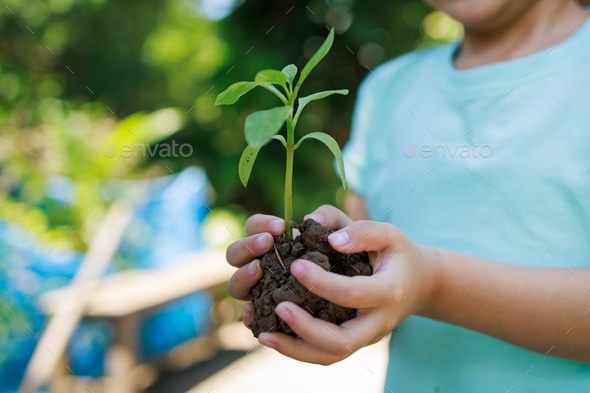 Children planting a tree for save the earth. Concept for eco gardening ...
