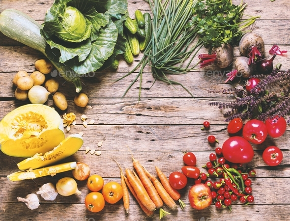 Assortment Fresh Organic Vegetables Scattered Wooden Background Rainbow ...