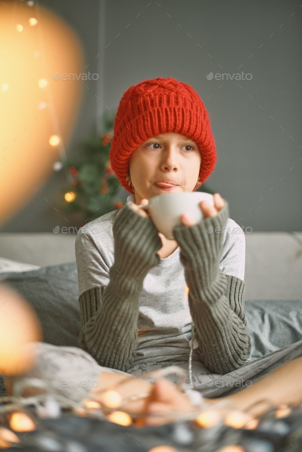 Yummy hot chocolate Boy drinking hot cacao with marshmallows Stock ...