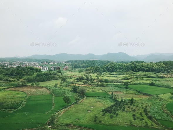 exotic landscape. Chinese landscape. farming. garden. green. Hills ...