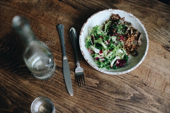 Overhead Food Shot - Healthy Eating - Salad and Vintage Silverware ...