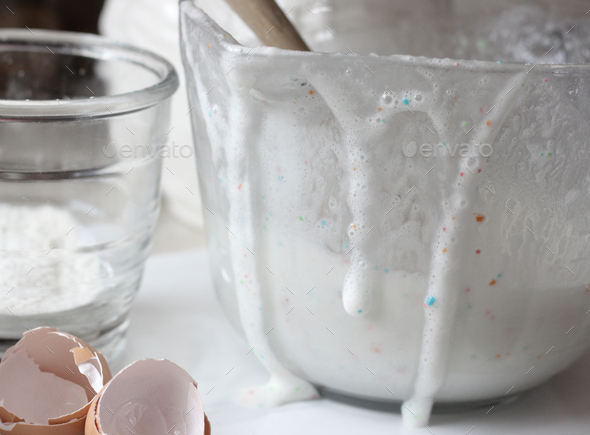 Baking mess, eggs and mixing bowl with batter spill. Stock Photo by ...