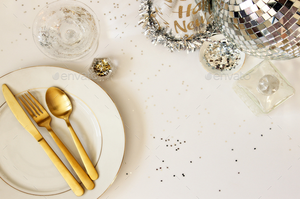 New Year party table setting with copy space Stock Photo by MPPLLC45