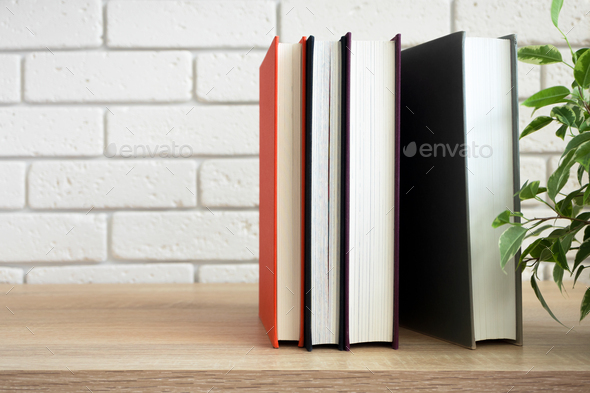 Vertical standing group of books on modern shelf in front of white wall ...