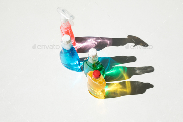 set of plastic bottles with colorful cleaning fluids on white Stock ...