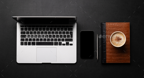 Office desk table with laptop, cup of coffee and supplies Stock Photo ...