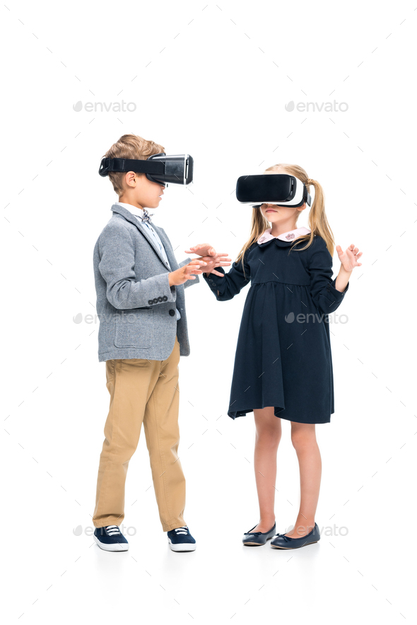 adorable pupils in VR headsets isolated on white Stock Photo by ...