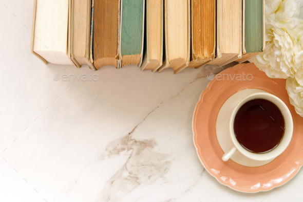 Large group of books with coffee background Stock Photo by MPPLLC45