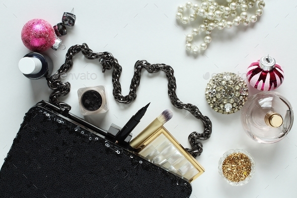 Christmas themed glamorous objects. Fashion and beauty objects. Stock ...