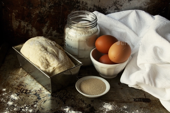 Baking bread objects and ingredients in rustic setting Stock Photo by ...
