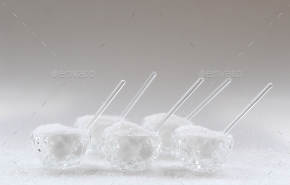 Close up side view of small vintage salt cellars filled with salt Stock ...