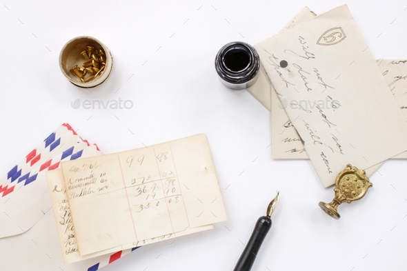Vintage stationary objects styled on white background. Stock Photo by ...