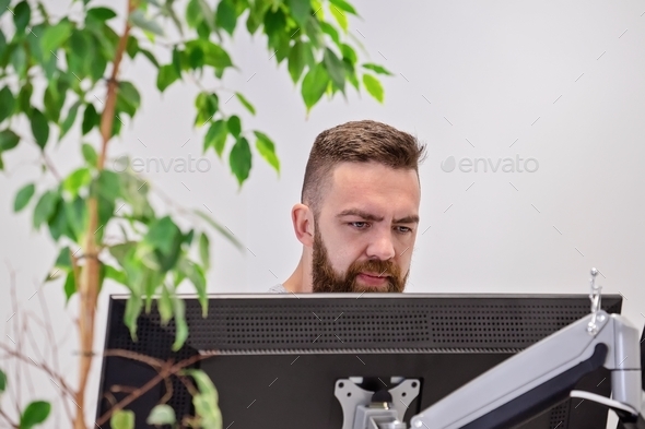 Bearded man works behind computer monitor in modern office with house ...