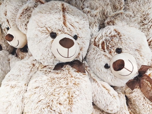 Fuzzy and fluffy cozy soft toy bears close up, full-frame background ...