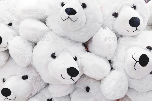 Fuzzy and fluffy cozy soft toy white bears close up, full-frame ...