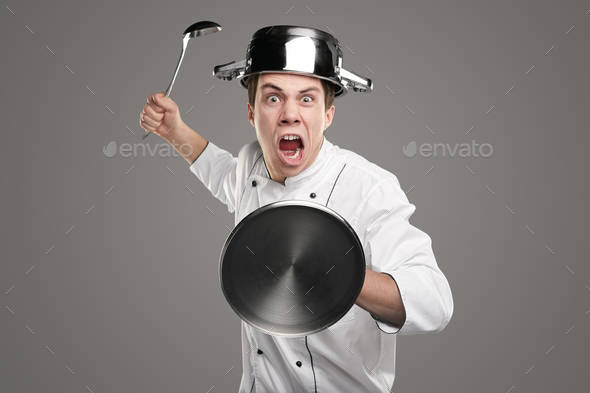 Angry chef with kitchen utensils Stock Photo by kegfire | PhotoDune