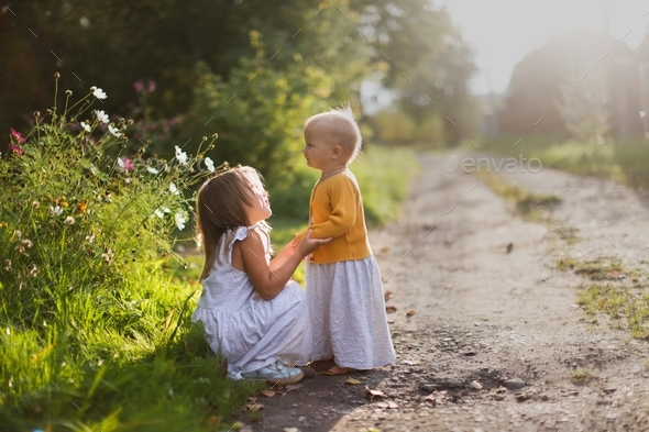 beautiful children siblings at sunset in park, little sisters in the ...