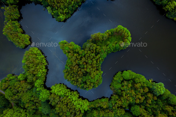Aerial view of tree covered islands surrounded by water in a tropical ...