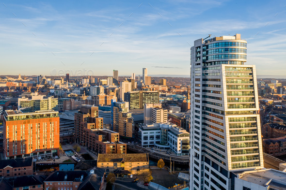Aerial view of Leeds city skyline with a view of modern architecture of ...