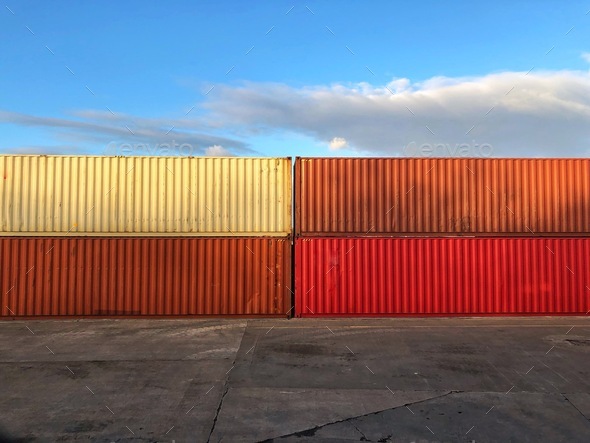 Generic shipping container boxes for import export of goods on a dock ...