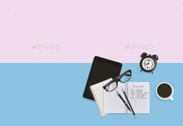 Workplace desktop pastel background with notebook with notes Stock ...