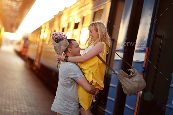 Train Station. . couple hugging on perone. boy met girl from trip Stock ...