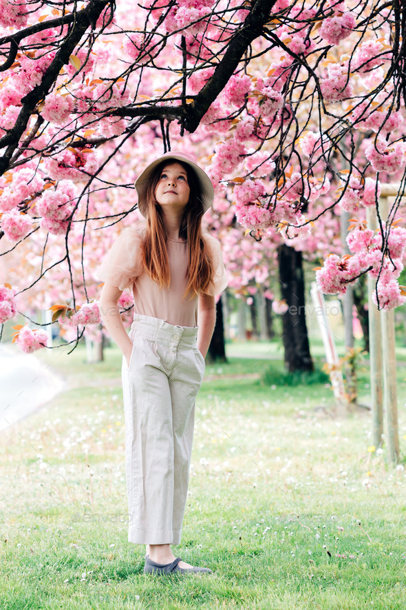 a teenage girl stands under a sakura, looks up and admires pink cherry ...