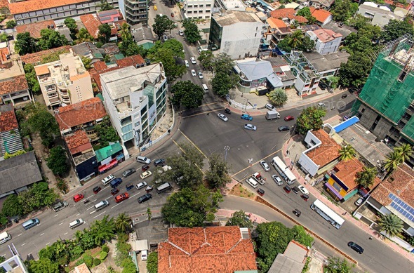 Aerial view of Colombo City, traffic light and cars on the road ...