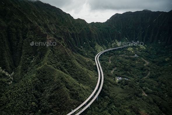 Landscape aerial view mountain ranges hawaii tropical road winding ...