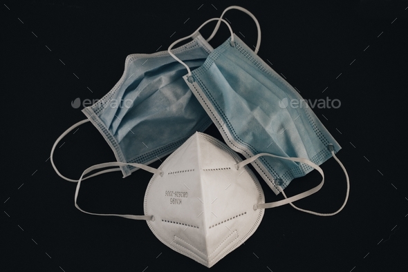 overhead shot of various different used personal protective equipment ...