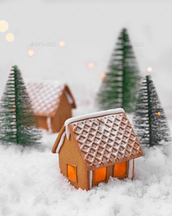 Ikea gingerbread house among artificial snow and little trees Stock ...