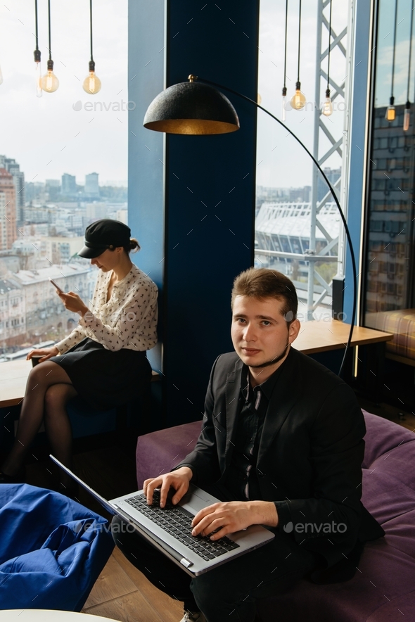 Business People Working In Modern Office with panoramic windows ...