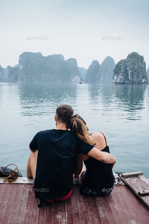 Couple hugging each other on the deck of cruise ship with view on ...