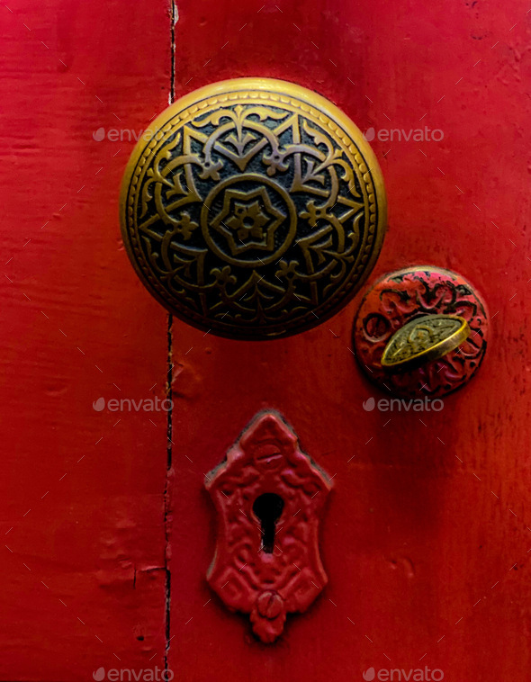 Vintage red door hardware Stock Photo by bwise346 | PhotoDune