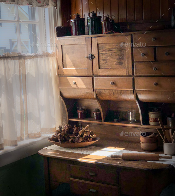 Old fashioned vintage wooden kitchen cabinets Hoosier style Stock Photo ...
