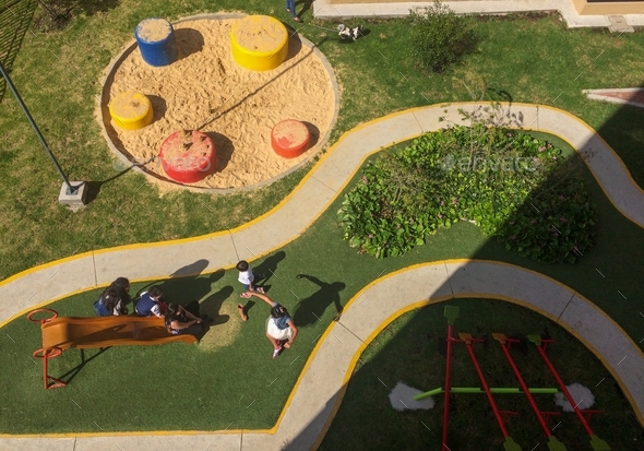 Parks & recreation aerial view of kids tiny humans playing in the park ...