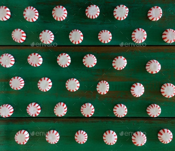 Flat lay of patterned Christmas Peppermint Starlight Mints candy on a ...