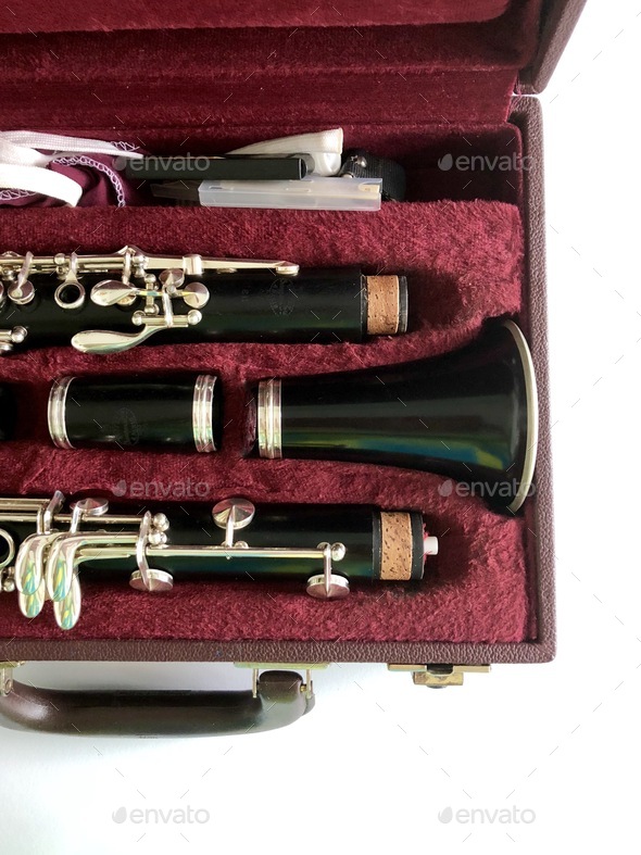 Overhead of a Clarinet in its special case. Music instrument. Red. Flat ...