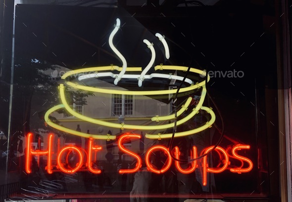Hot Soups Neón yellow & red sign in the restaurant business advertising ...