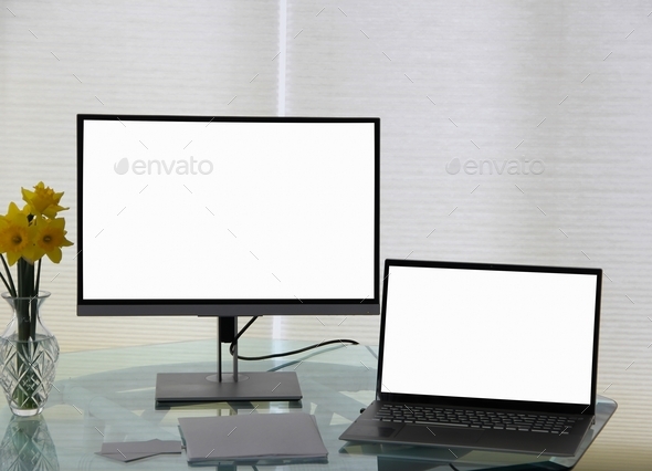 Large Screen Computer Monitor & laptop with white screen mockup ...