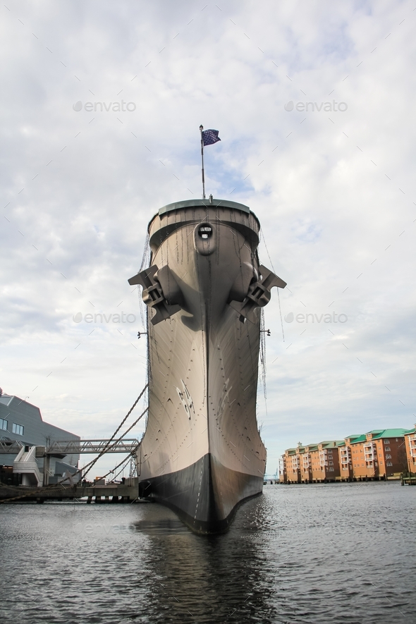 Front view of docked Battleship Wisconsin or USS Wisconsin BB-64 Stock ...